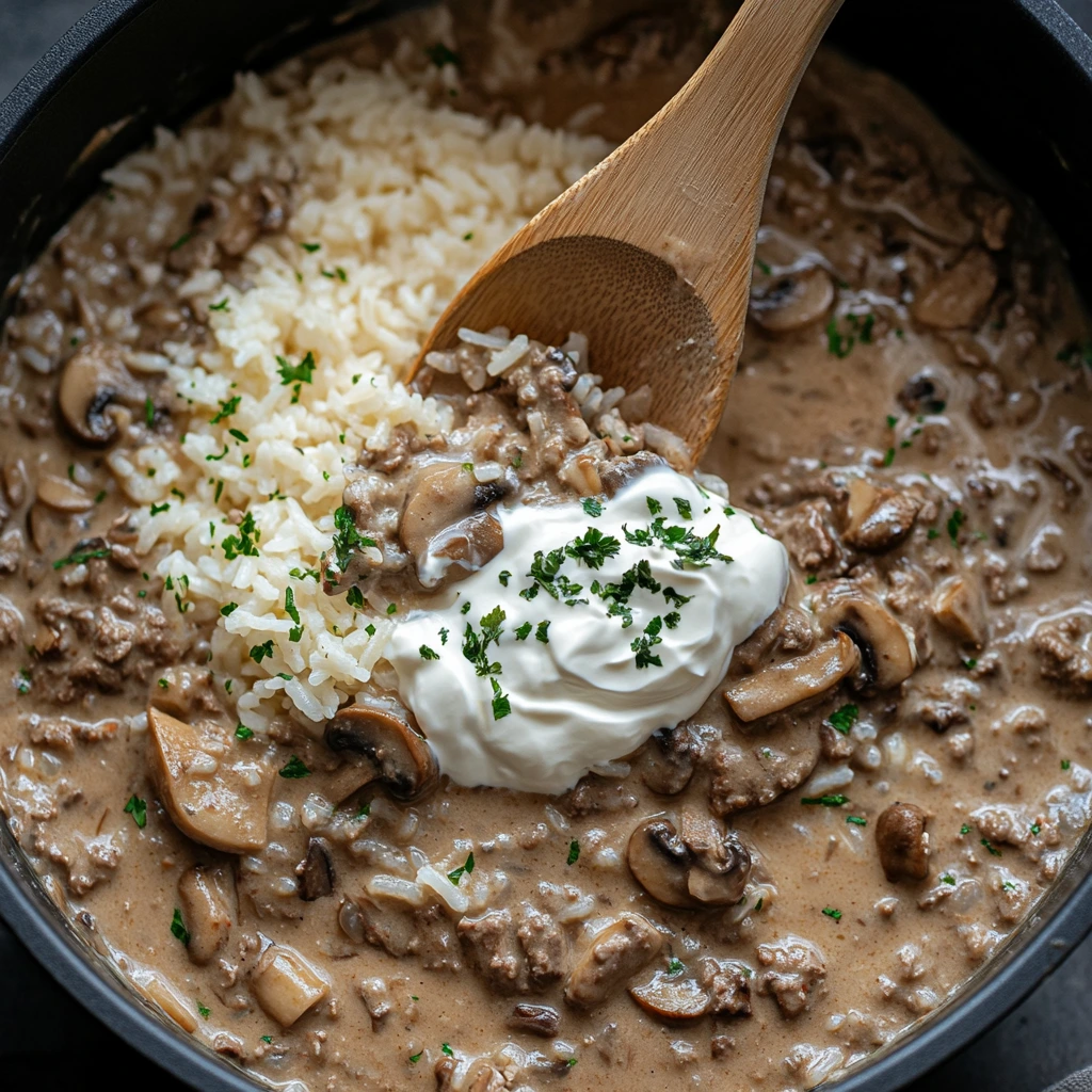 Creamy Beef and Mushroom Rice Bake - RichSpoon