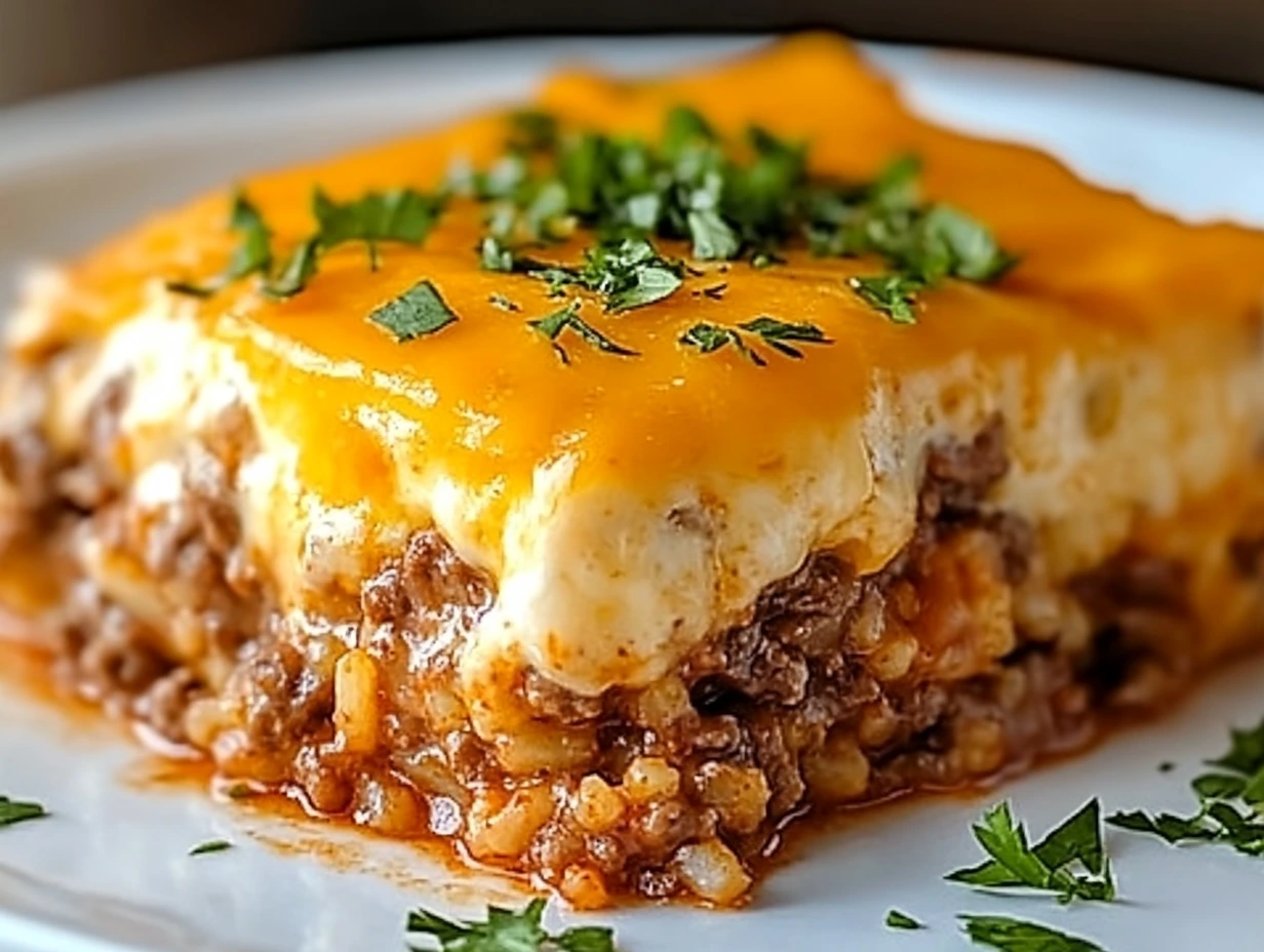 Cheddar-Crusted Ground Beef and Rice Casserole - RichSpoon