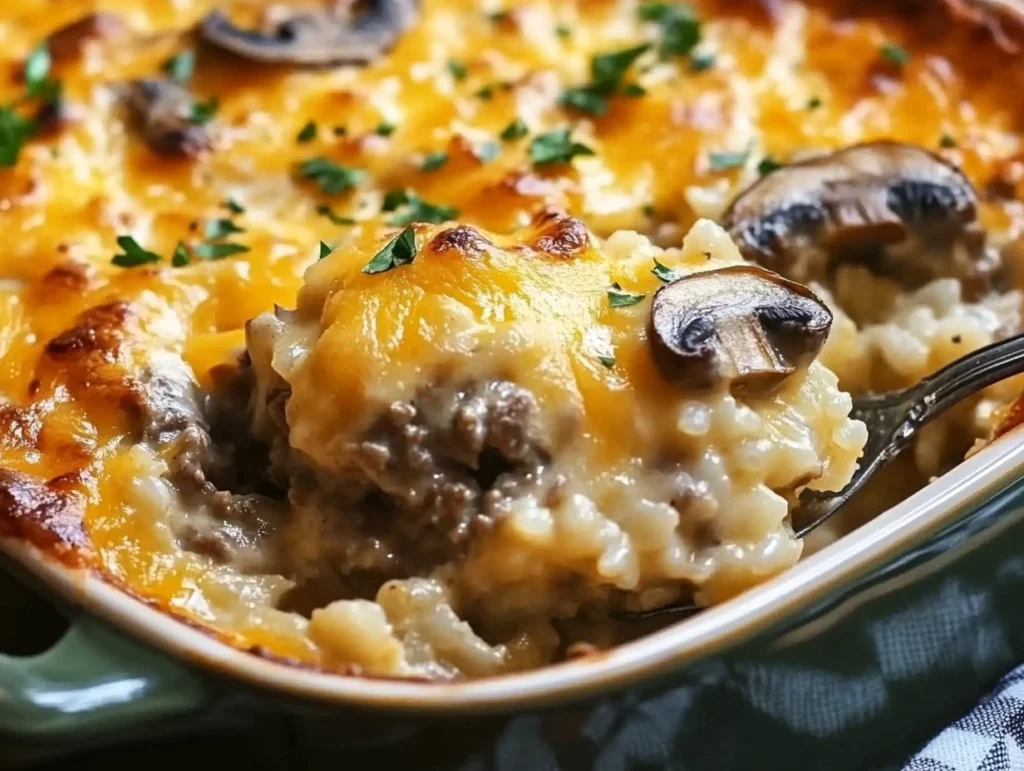 Creamy Beef and Mushroom Rice Bake - RichSpoon