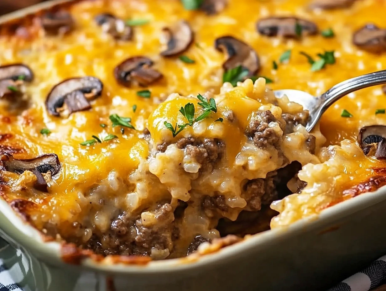 Creamy Beef and Mushroom Rice Bake - RichSpoon