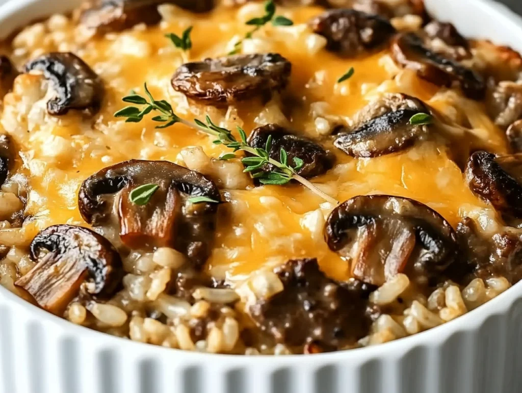 Creamy Beef Mushroom Rice Bake - RichSpoon