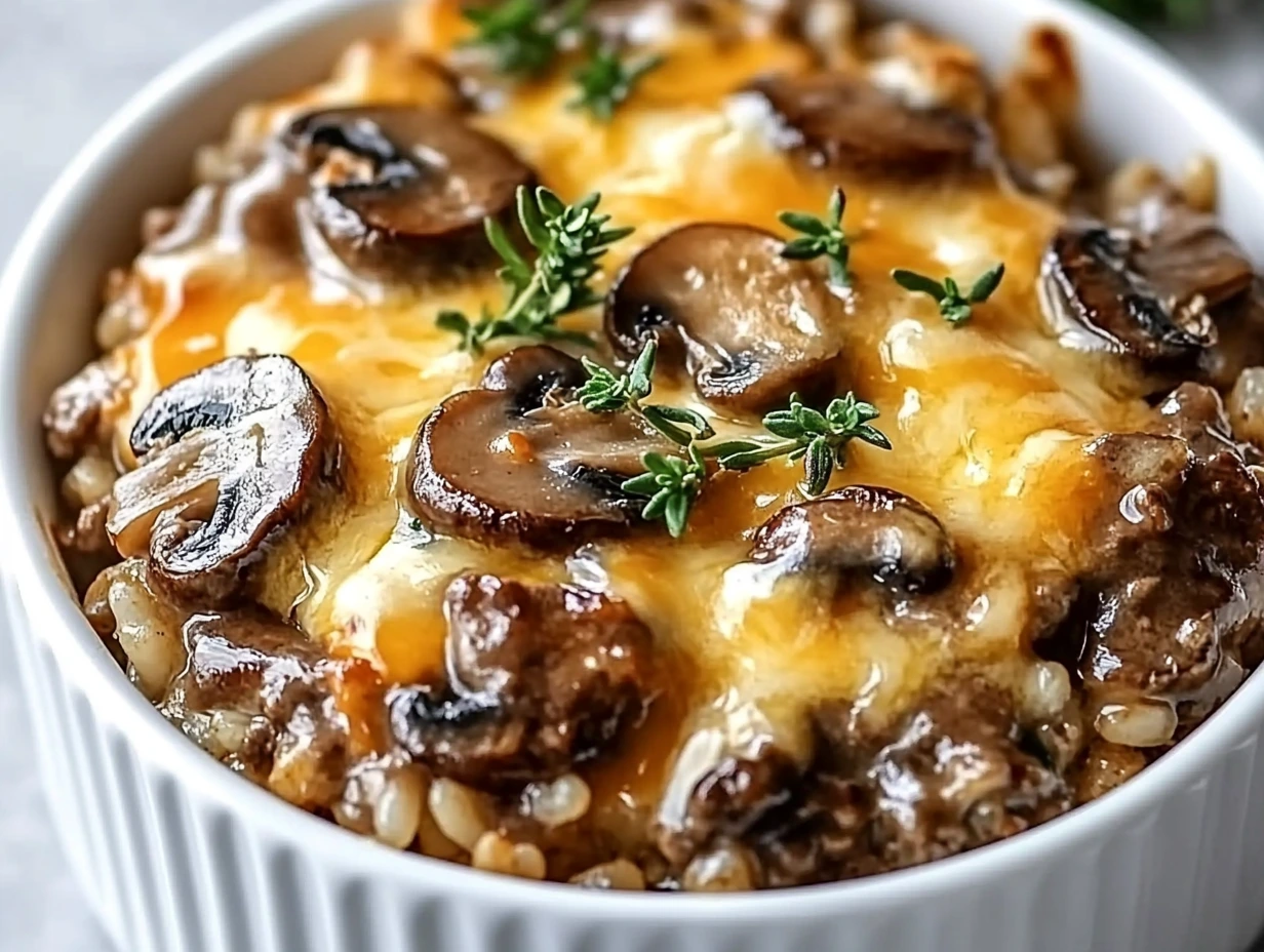 Creamy Beef Mushroom Rice Bake - RichSpoon