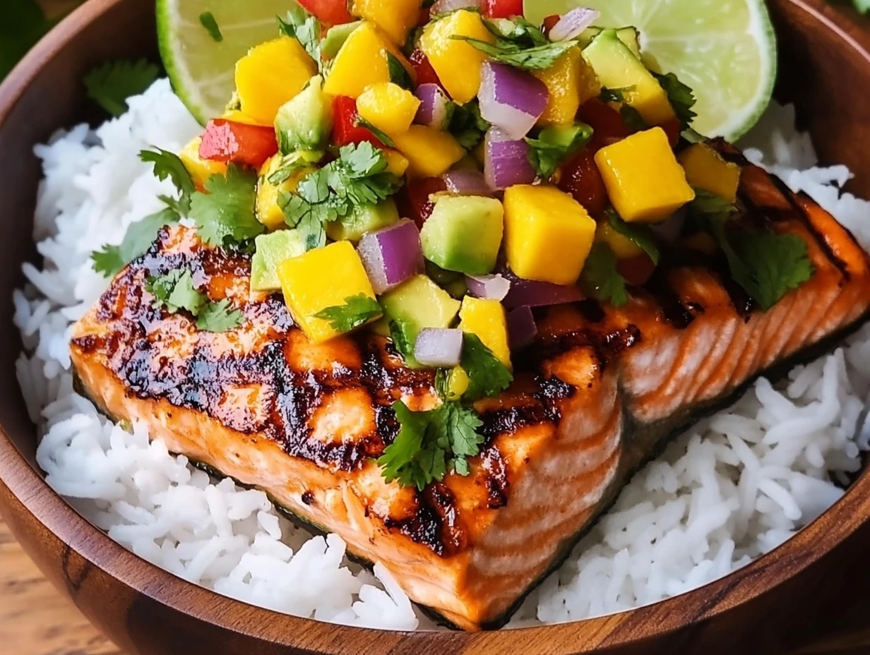 Grilled Lime Salmon with Coconut Rice and Avocado-Mango Salsa - RichSpoon
