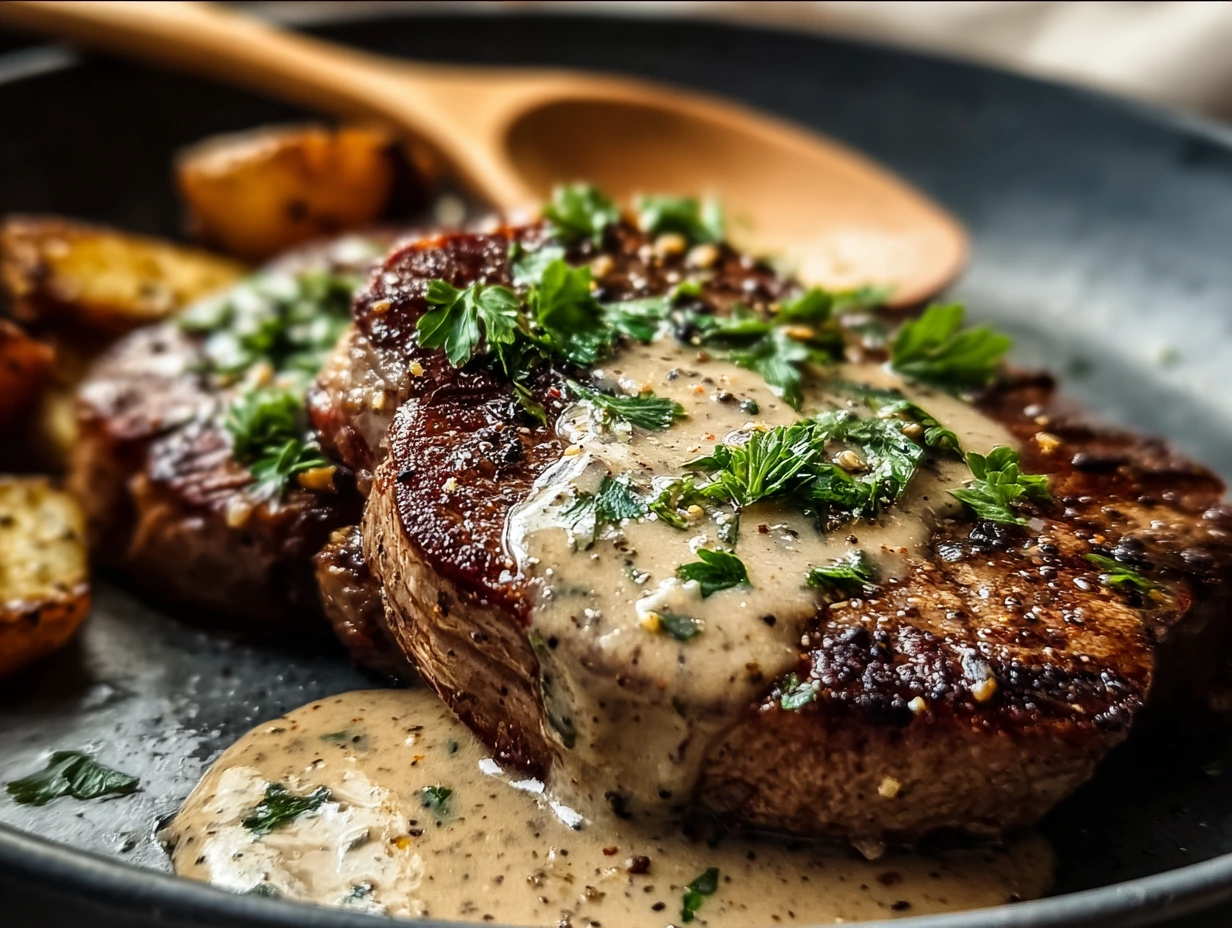 Steak with Garlic Cream Sauce - RichSpoon