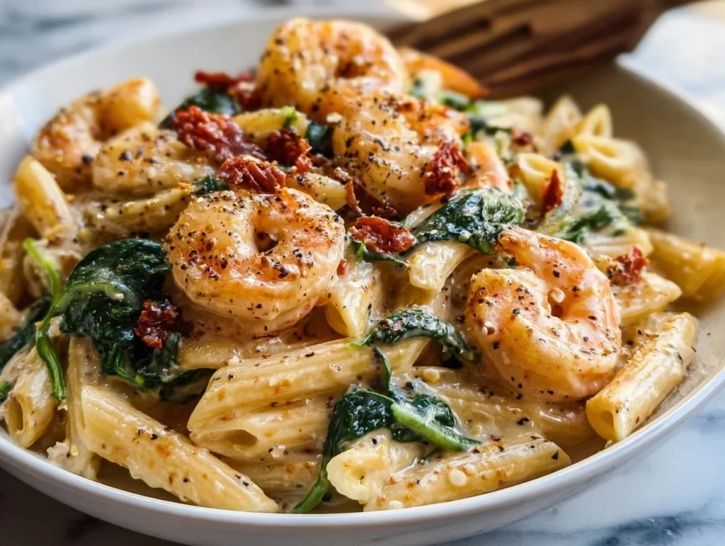 Creamy Sun-Dried Tomato Shrimp with Spinach Pasta - RichSpoon