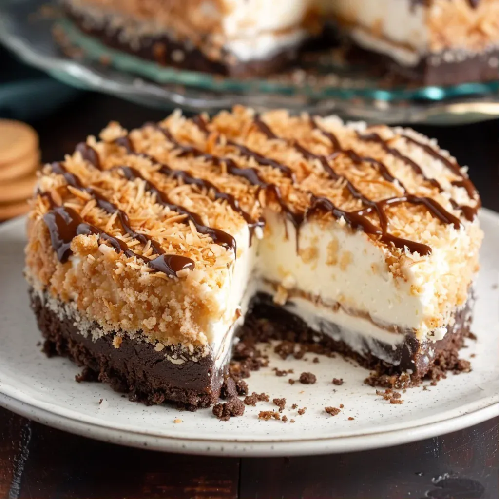 Samoa Cheesecake with Coconut, Chocolate & Caramel